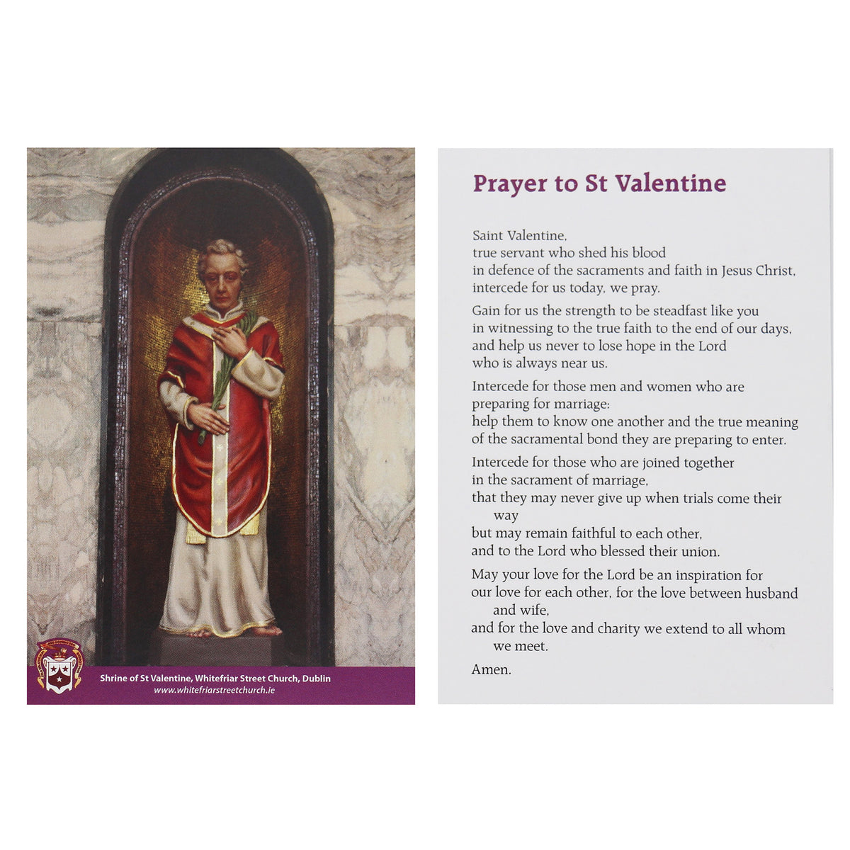 St Valentine Prayer Card with Prayer – Whitefriar Street Church
